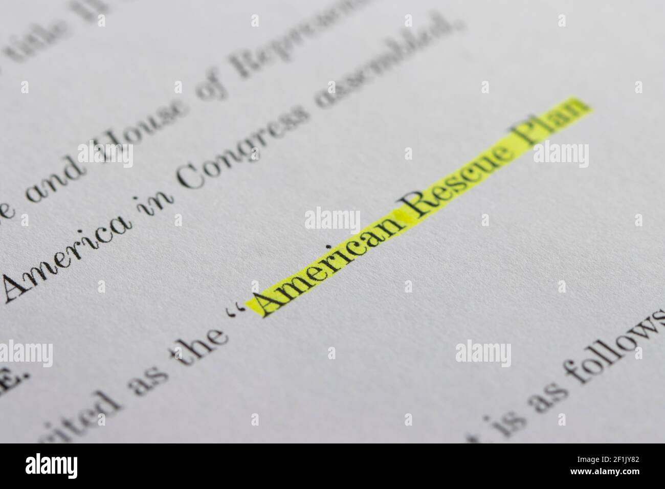 Closeup of the documents of the American Rescue Plan Act of 2021, a $1. ...