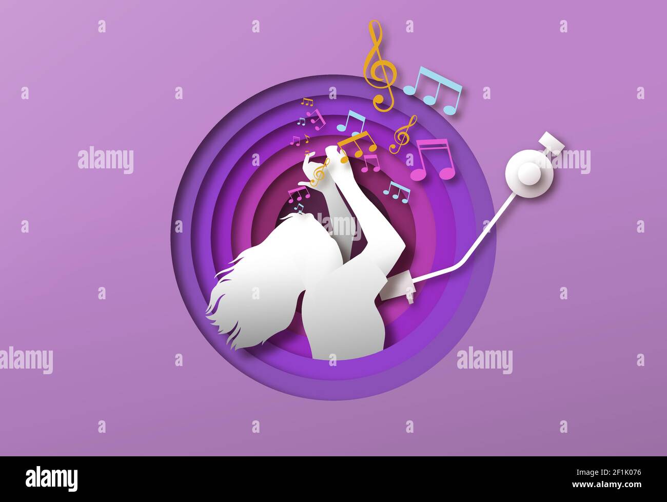 Happy woman dancing inside papercut vinyl player. Realistic 3D paper ...