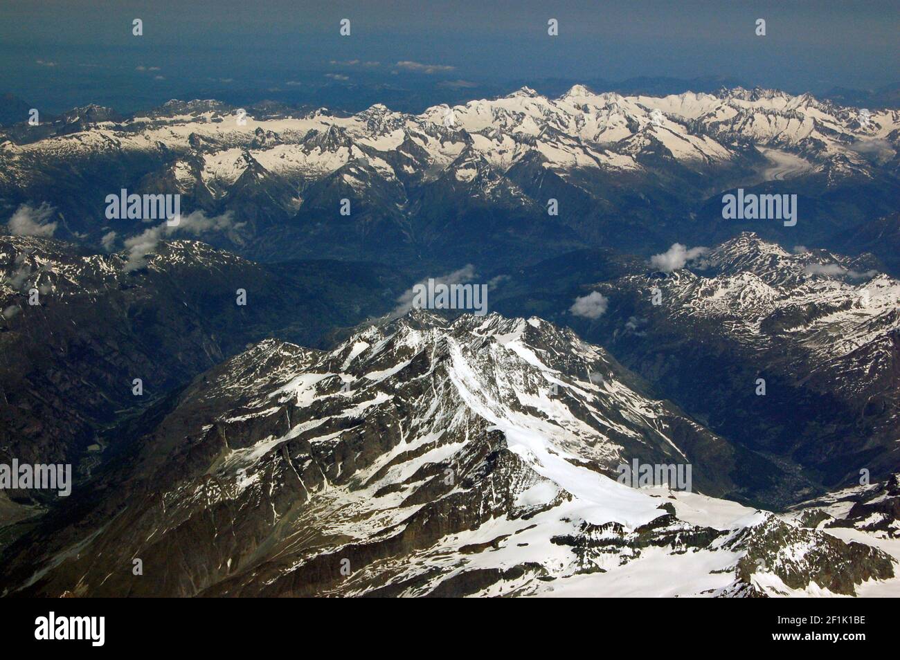 Ariel view of the Swiss Alps with mountains in the Matterhorn area ...