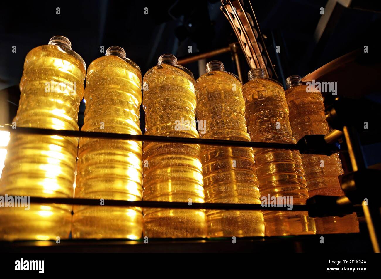 Sunflower oil. Factory line of production and filling of refined oil ...