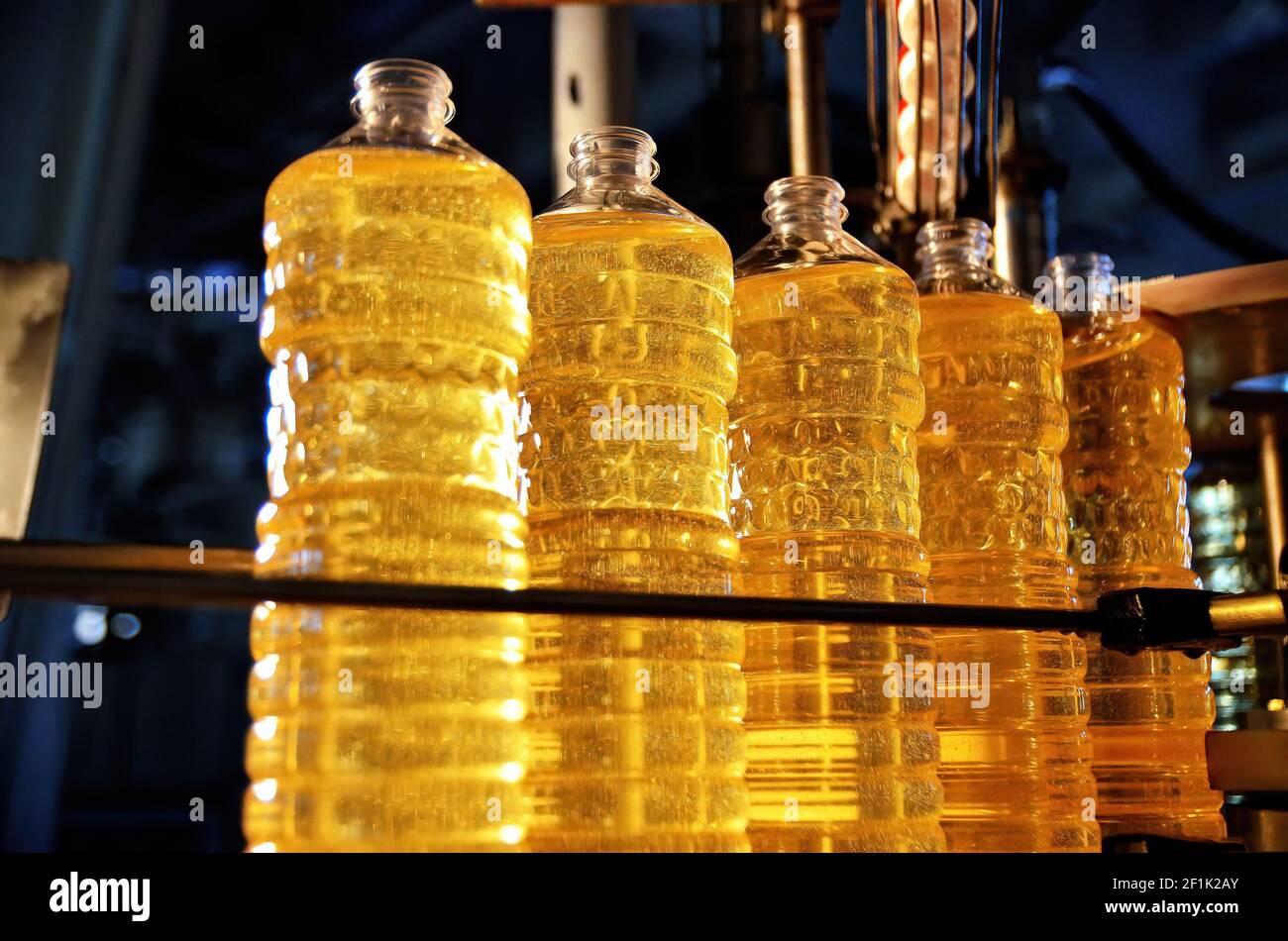 Sunflower oil. Factory line of production and filling of refined oil ...