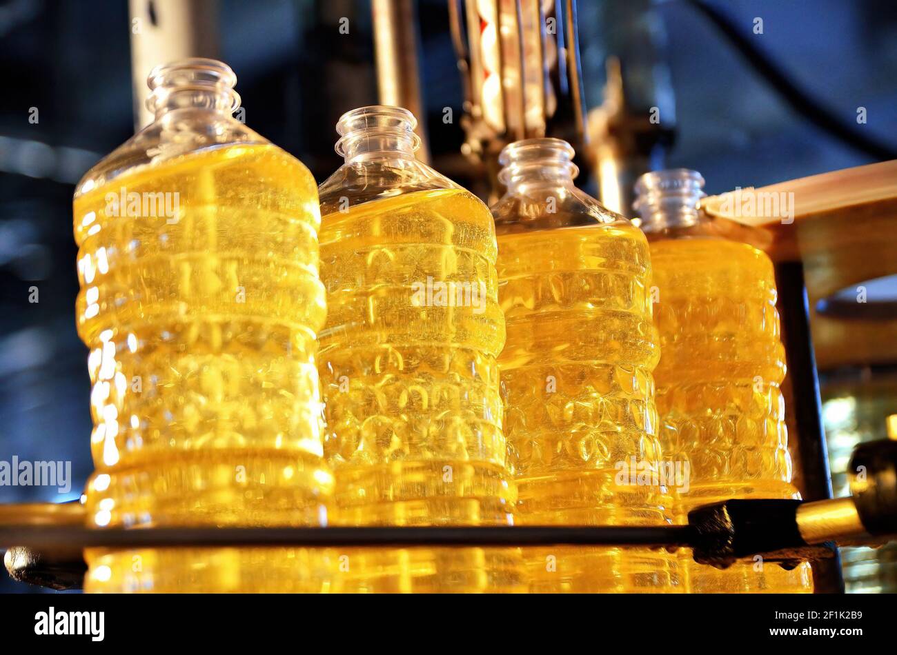 Sunflower oil. Factory line of production and filling of refined oil ...