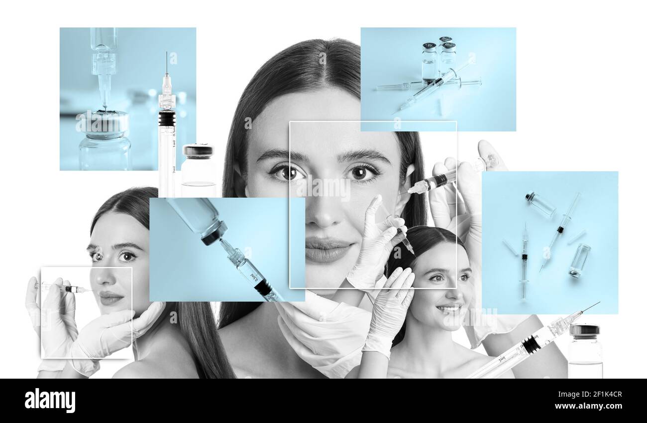 Collage of young woman receiving filler injections on white background ...