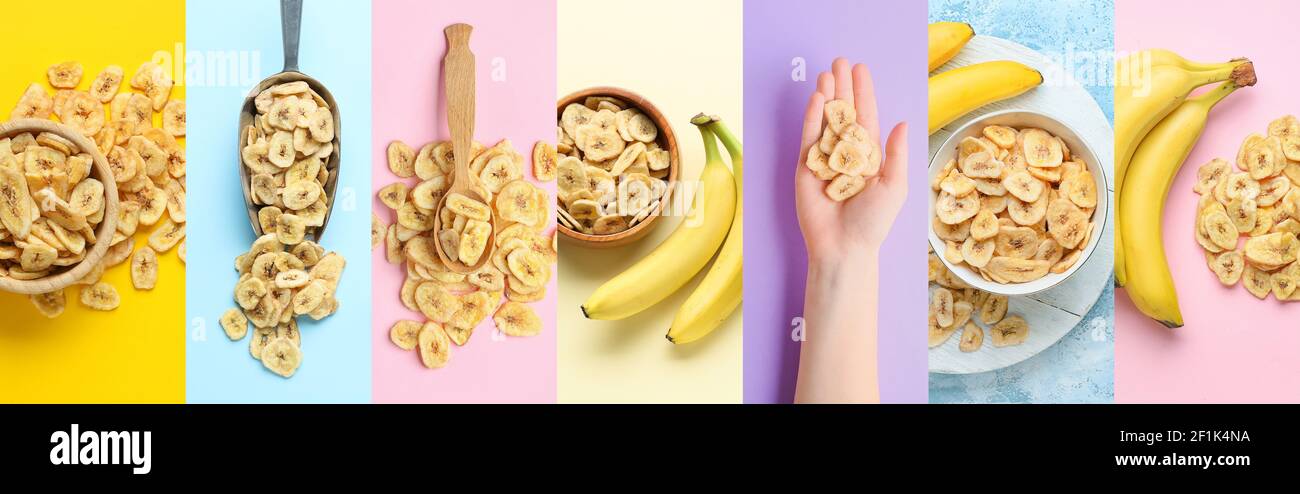 Collage of crispy banana chips on color background Stock Photo - Alamy
