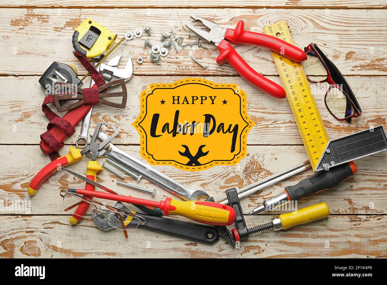 Set of tools on wooden background. Labor Day celebration Stock Photo ...