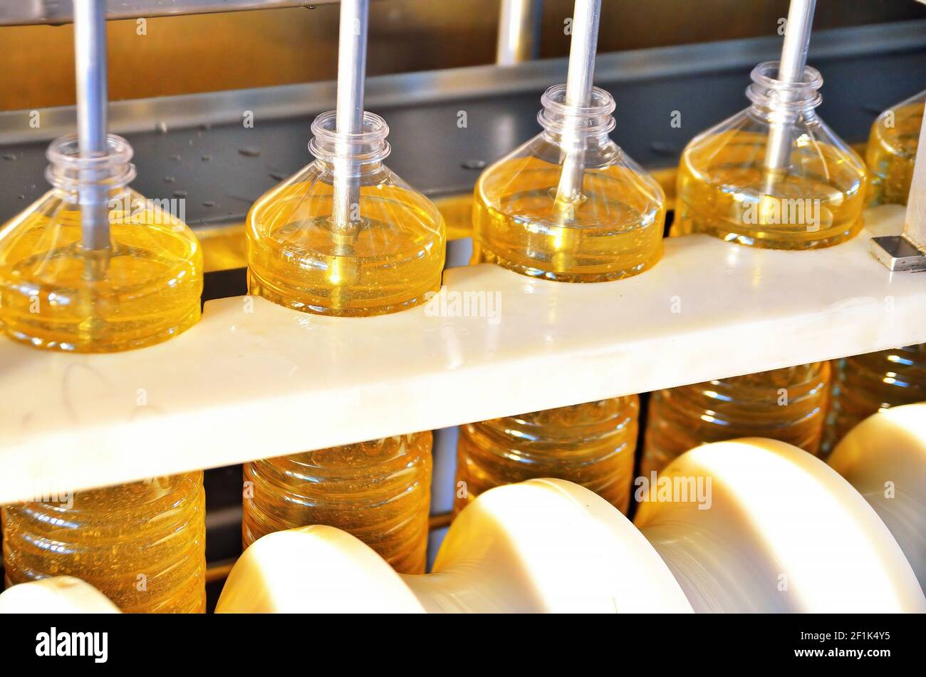 Sunflower oil. Factory line of production and filling of refined oil ...