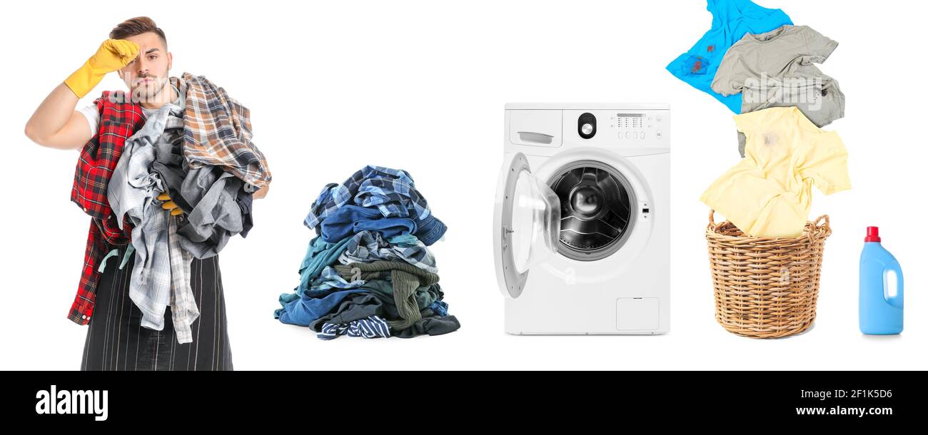 Tired young man with lot of dirty laundry and washing machine on white ...