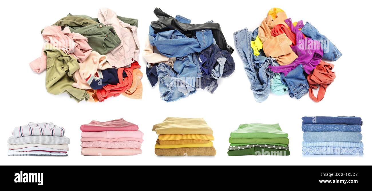 Collage of dirty and clean clothes on white background Stock Photo - Alamy