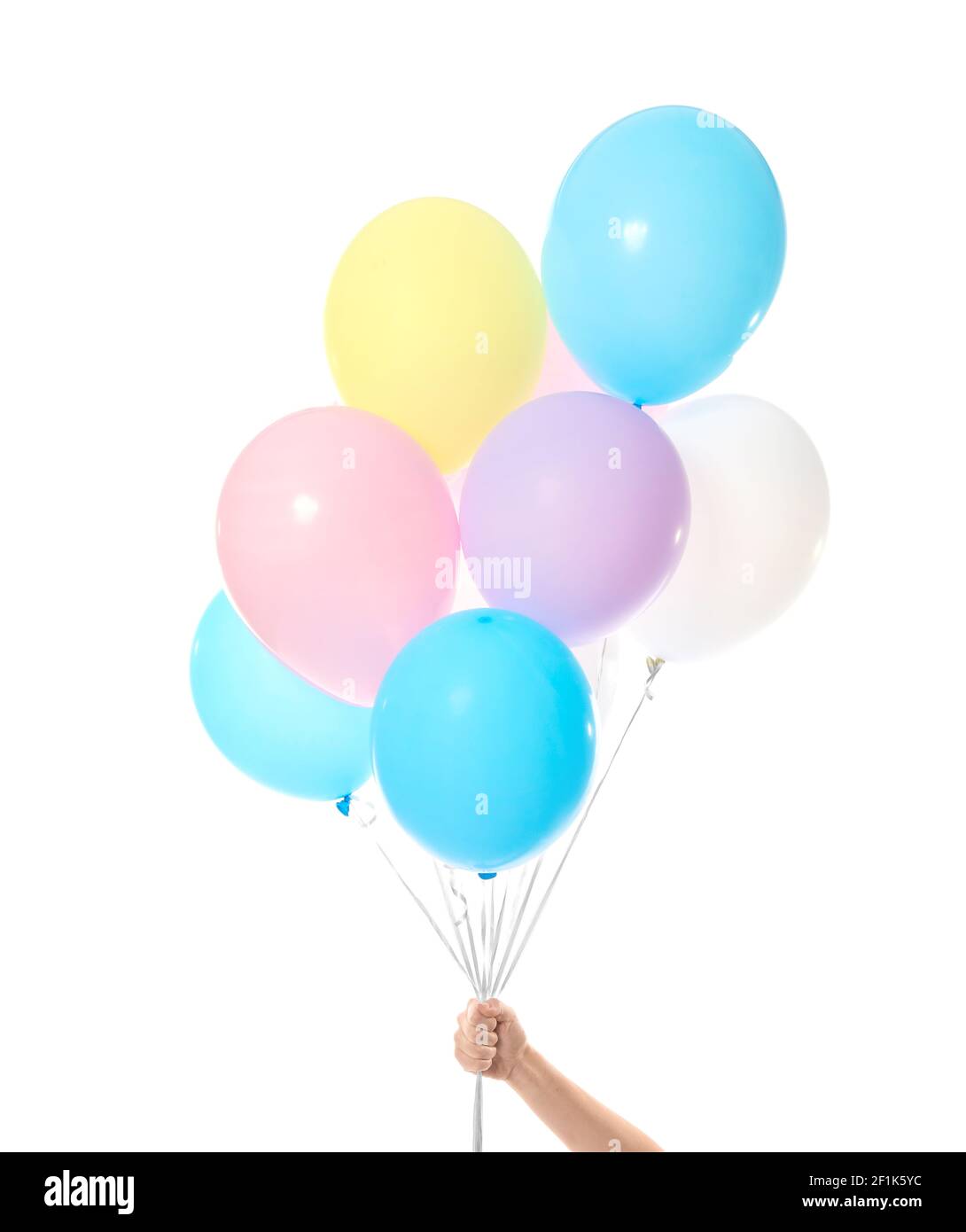 Human hand with air balloons on white background Stock Photo - Alamy