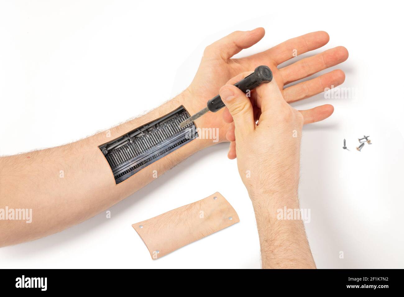Robot hand inside human hand - Prosthesis concept, repairing, isolated ...