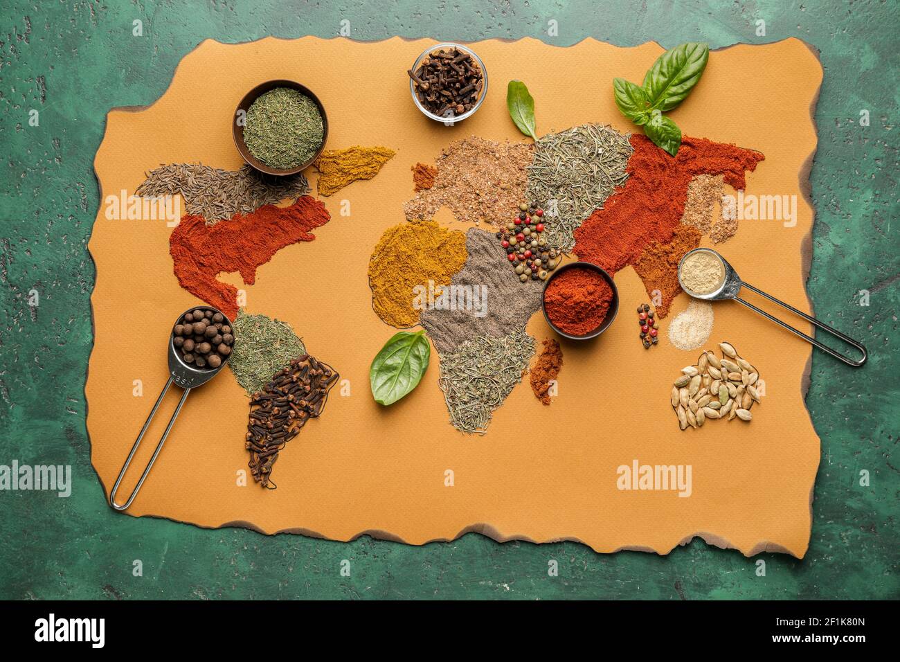 World map made of spices on color background Stock Photo - Alamy