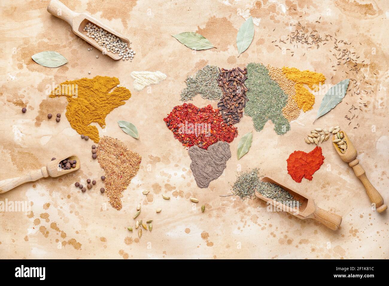 World map made of spices on color background Stock Photo - Alamy