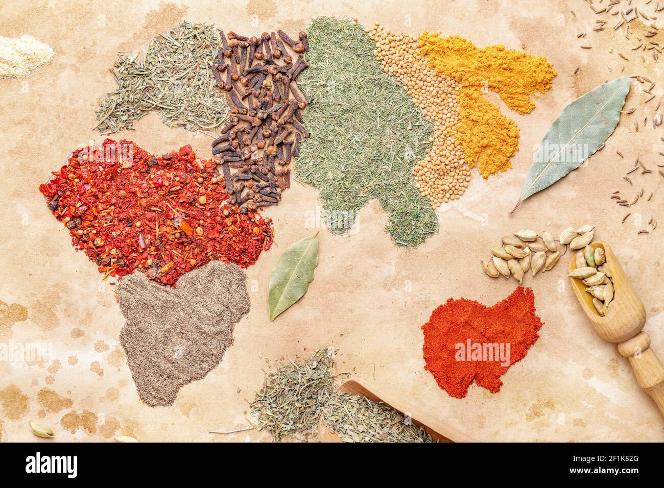 World map made of spices on color background Stock Photo - Alamy