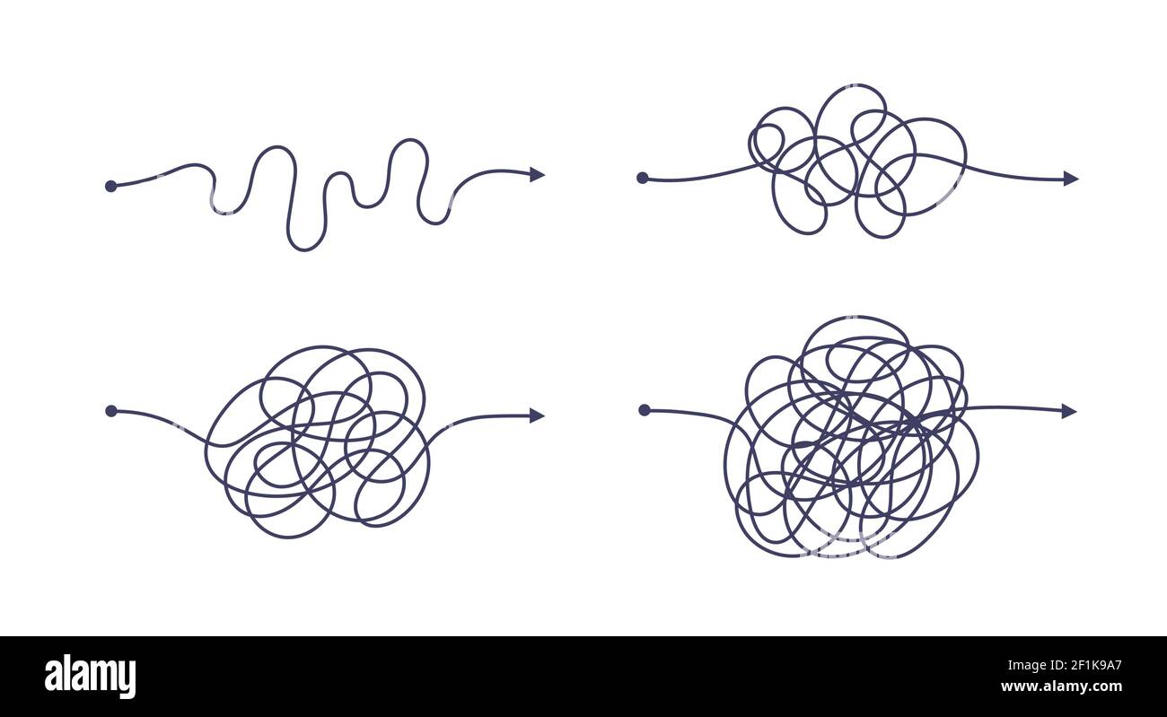 Complex and easy simple way from start to end vector illustration set. Chaos simplifying ...