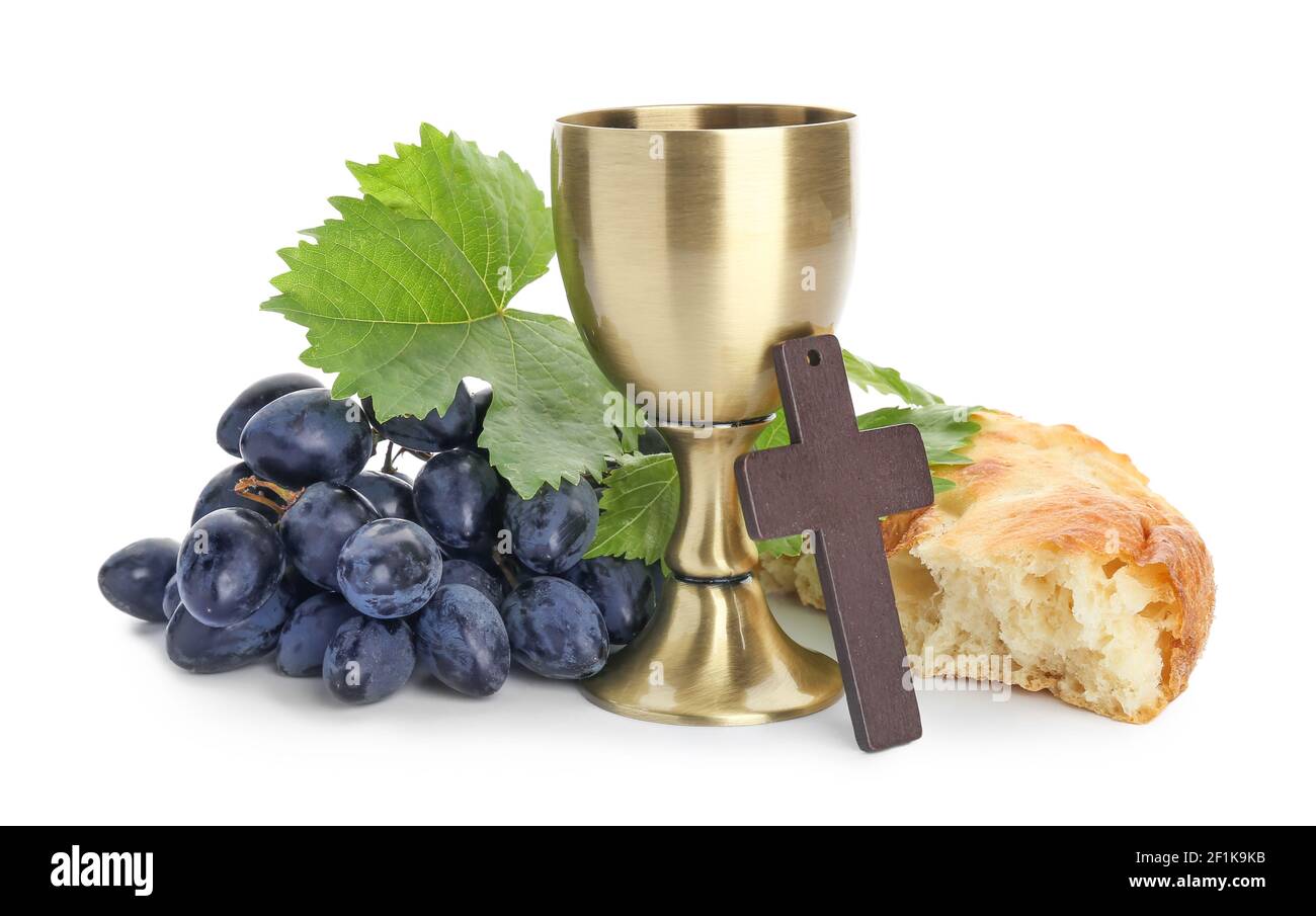 Chalice of wine, cross and bread on white background Stock Photo - Alamy