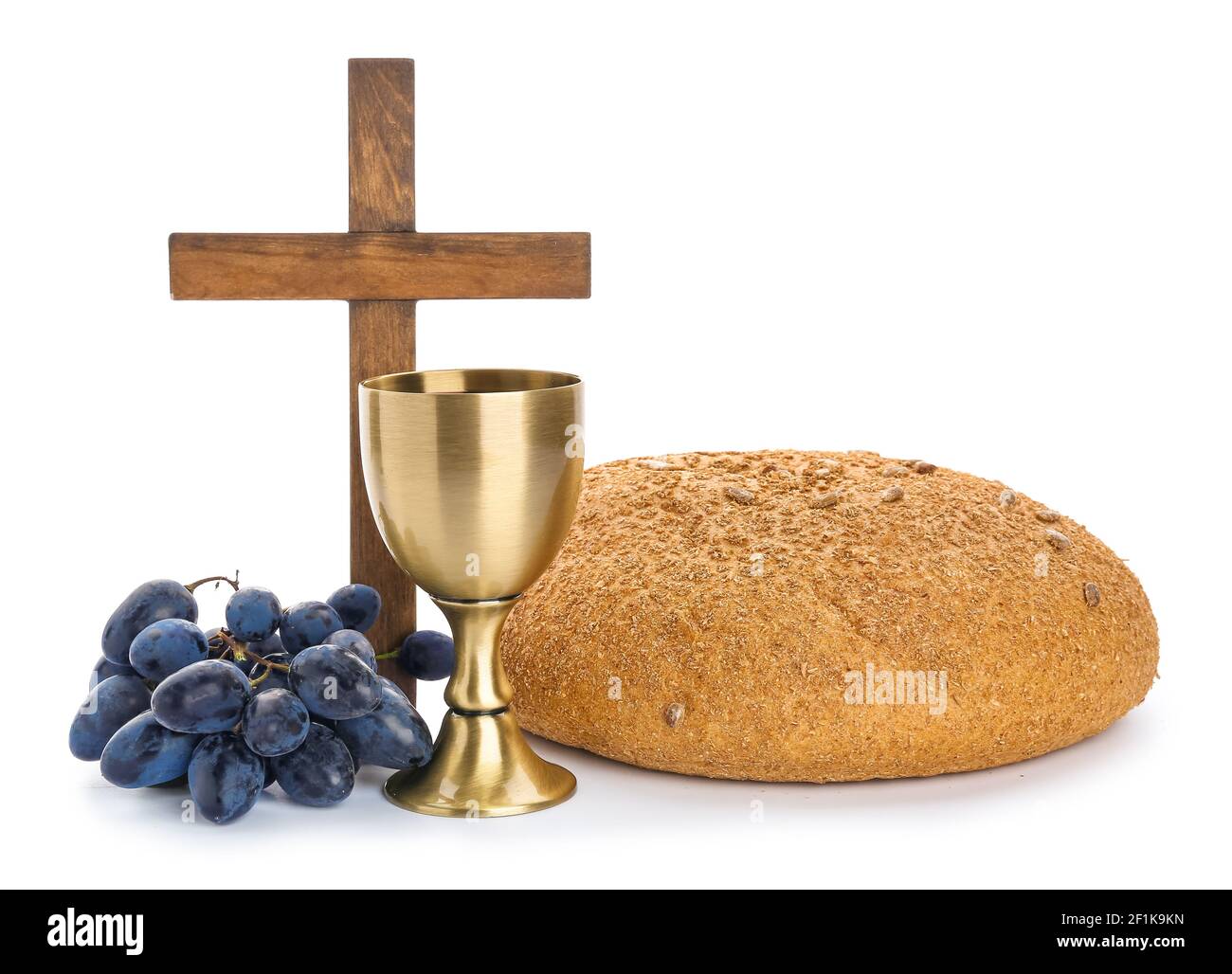 Chalice of wine, cross and bread on white background Stock Photo - Alamy