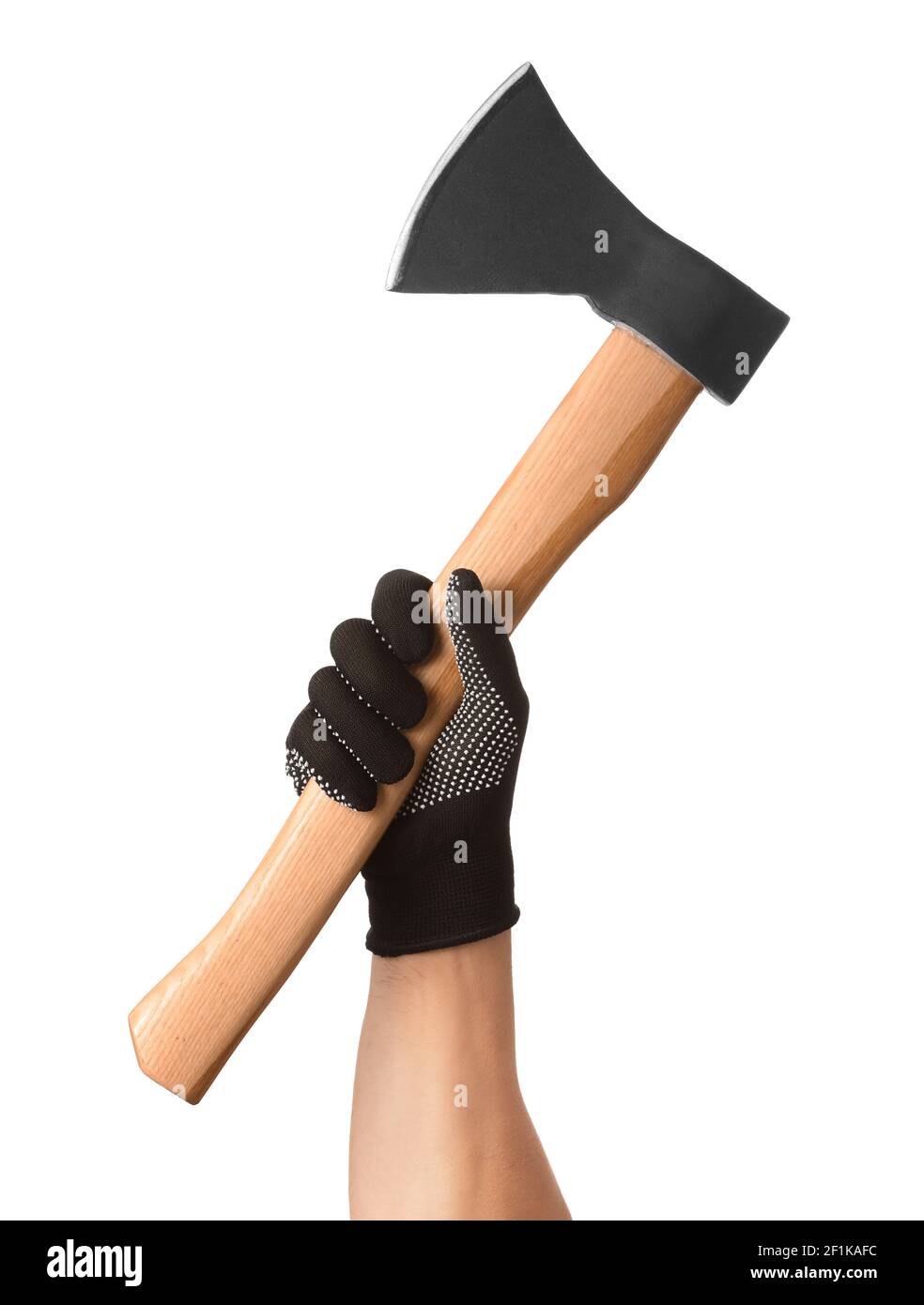 Ax in male hand on white background Stock Photo - Alamy