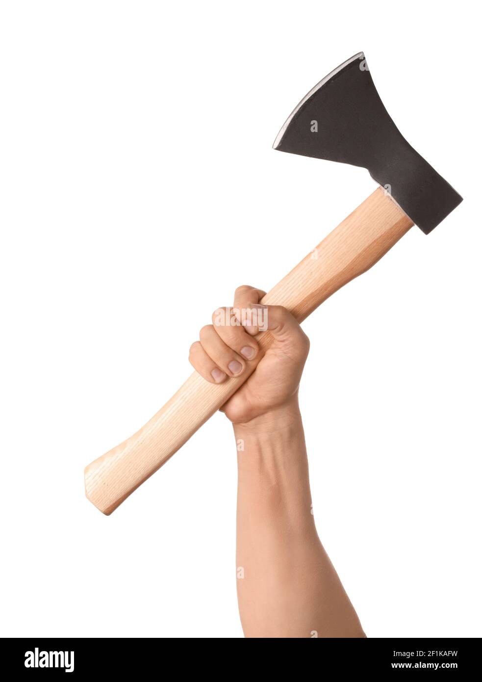 Ax in male hand on white background Stock Photo - Alamy