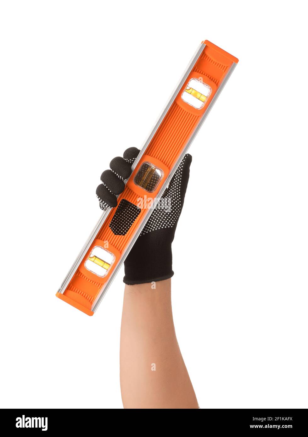 Spirit level in male hand on white background Stock Photo - Alamy