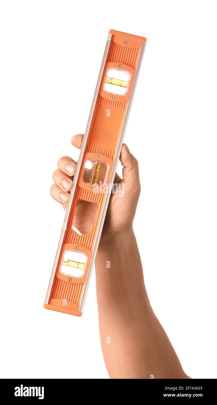 Spirit level in male hand on white background Stock Photo - Alamy