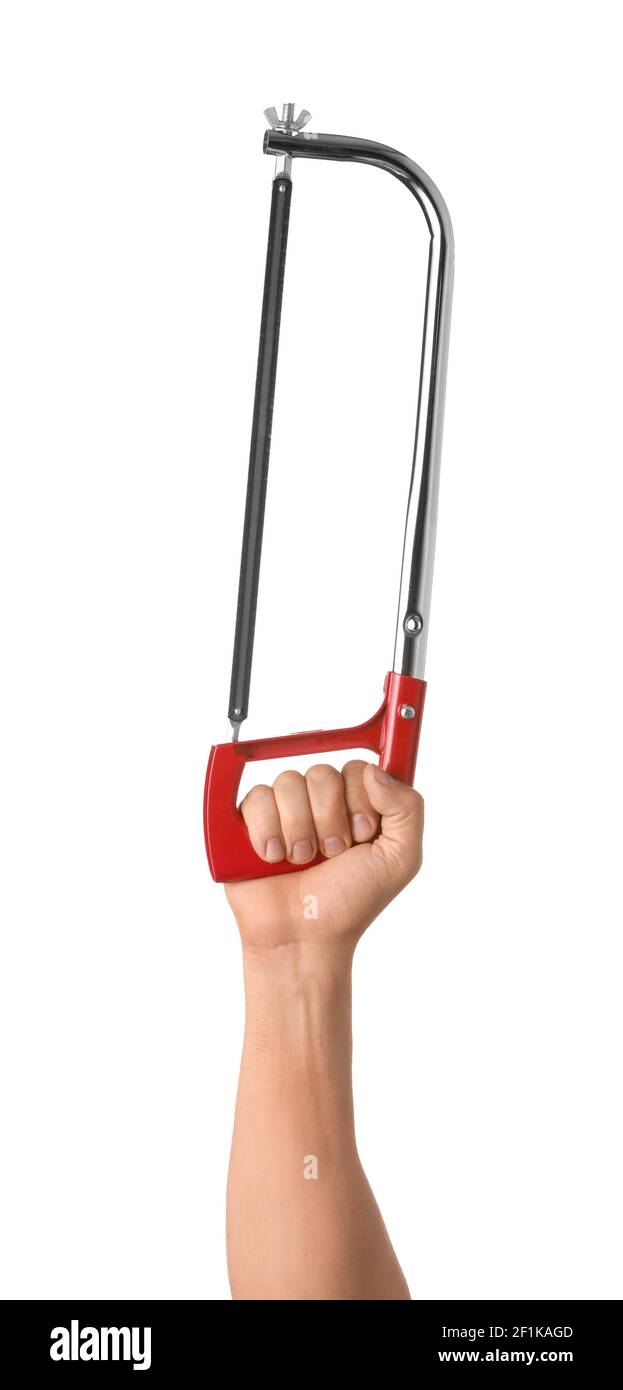 Hacksaw in male hand on white background Stock Photo - Alamy