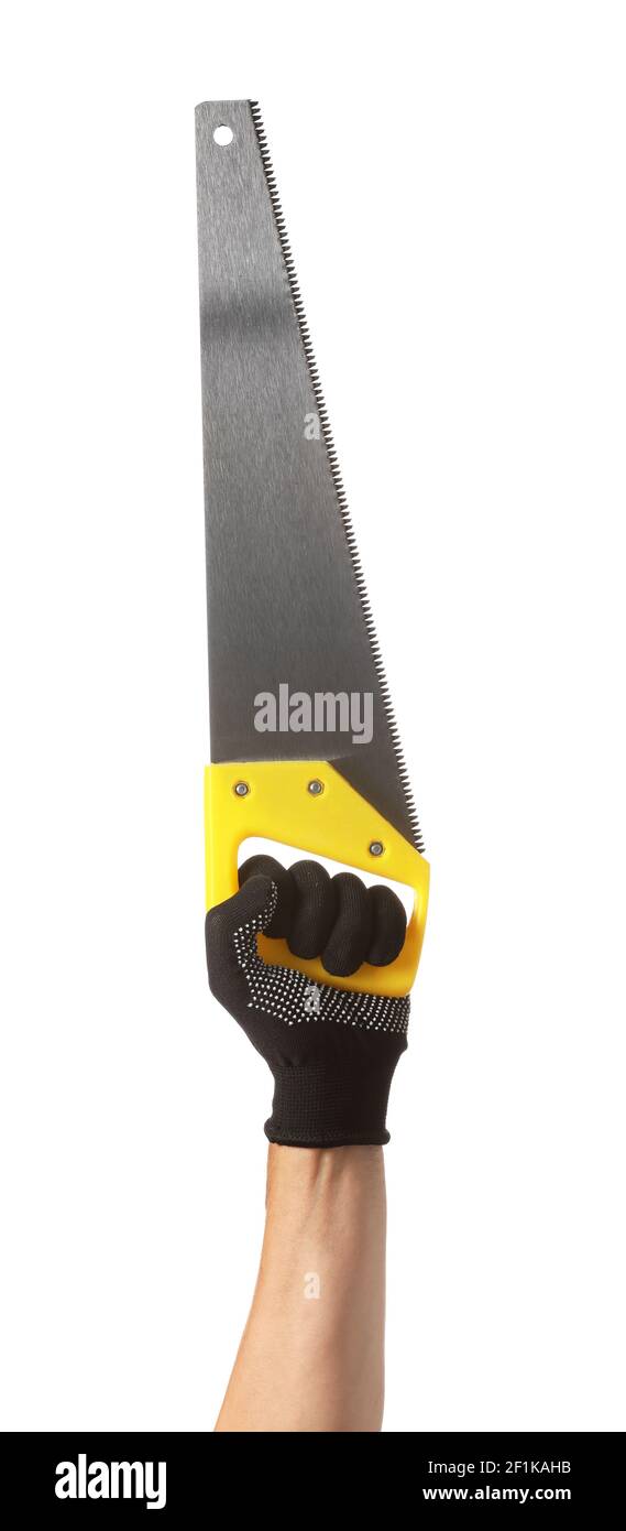 Handsaw in male hand on white background Stock Photo - Alamy