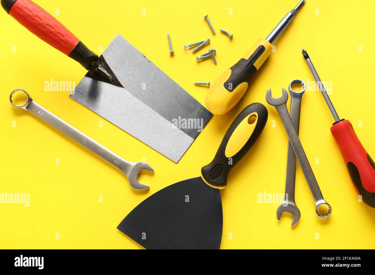 Set of construction tools on color background Stock Photo - Alamy