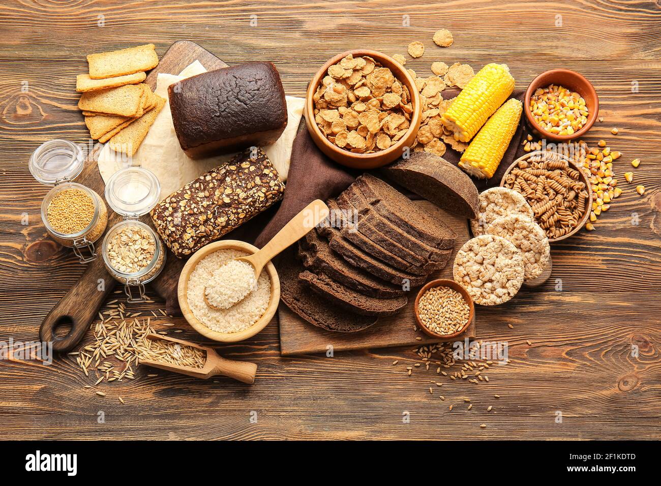 Set of different products on wooden background Stock Photo - Alamy