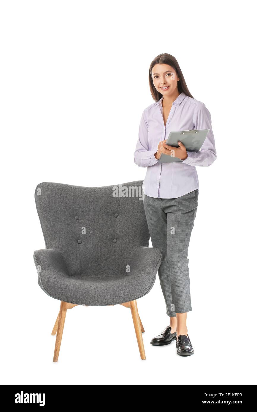 Portrait of female psychologist on white background Stock Photo - Alamy