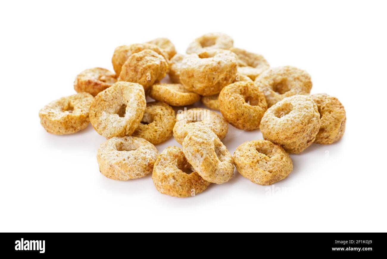 Heap of tasty cereal rings on white background Stock Photo - Alamy