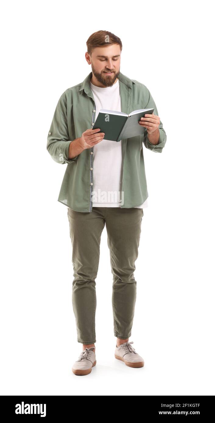 Man reading book standing caucasian Cut Out Stock Images & Pictures - Alamy