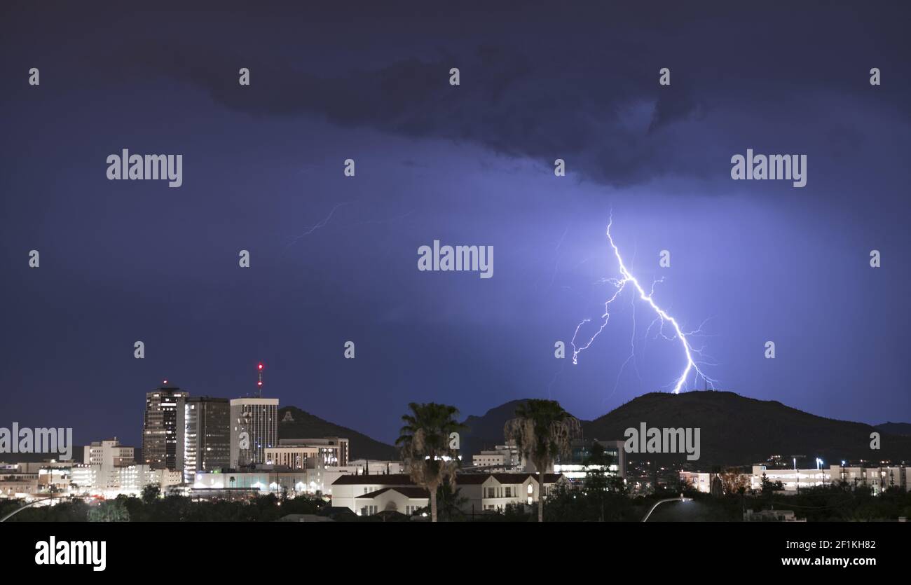 Electrical Storm Lightning Striking over Downtown Tucson Arizona United ...