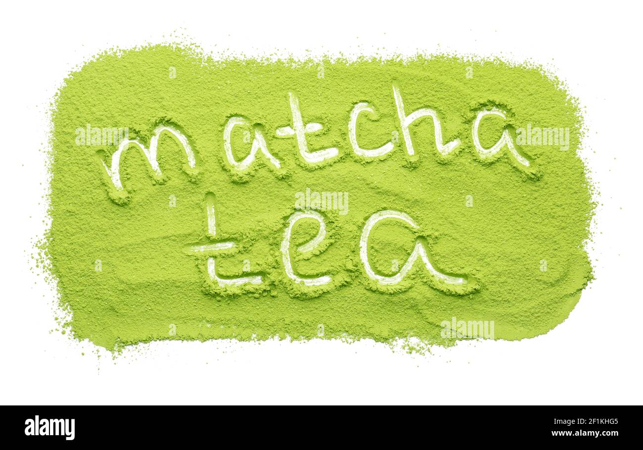 Text MATCHA TEA made of powder on white background Stock Photo - Alamy