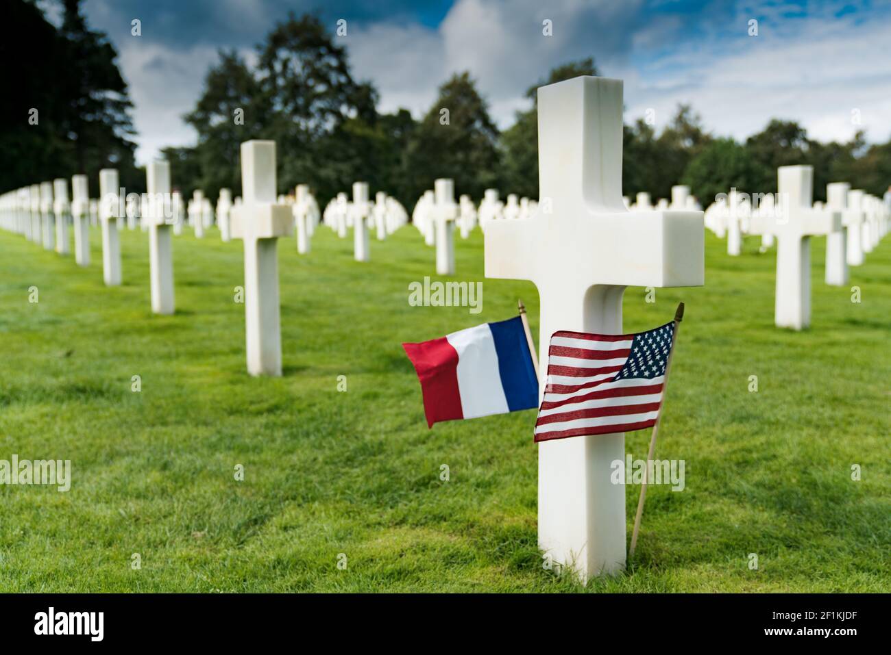 View of cross headstones in the American Cemetery at Omaha Beach in ...