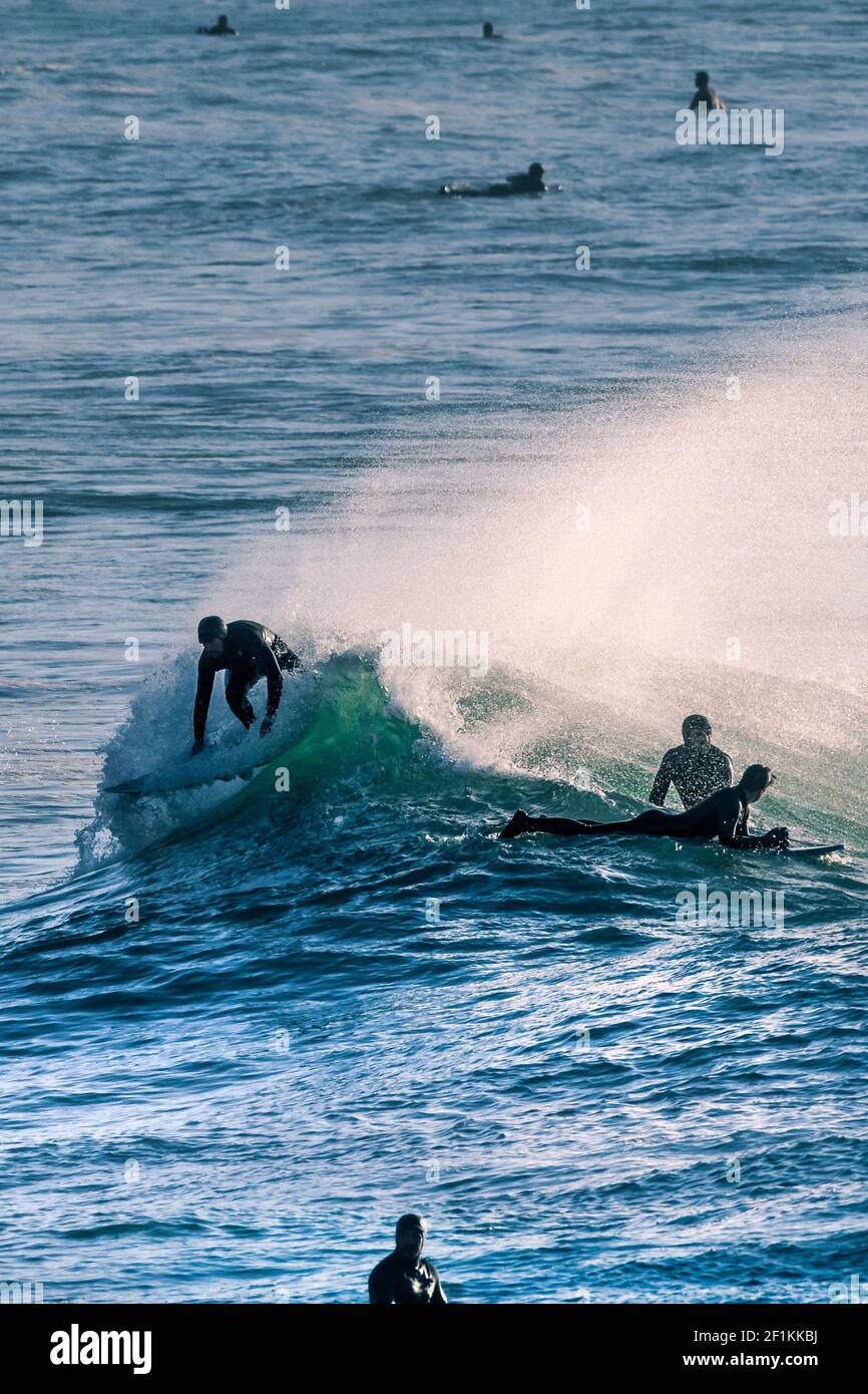 Spectacular surfing action as a surfer rides a wave with spray being ...