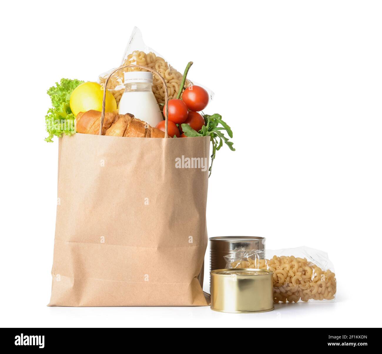 Shopping bag with different products on white background Stock Photo ...