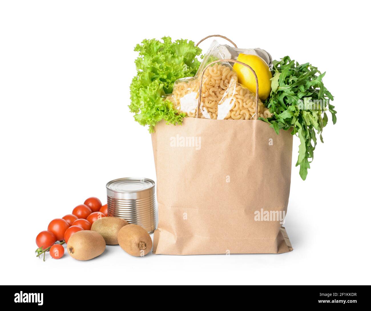 Shopping bag with different products on white background Stock Photo ...