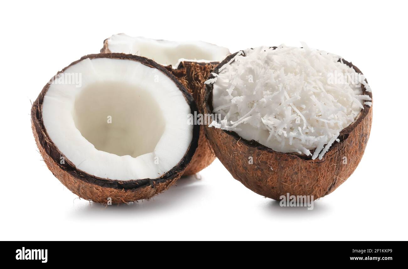 Coconut with flakes on white background Stock Photo - Alamy