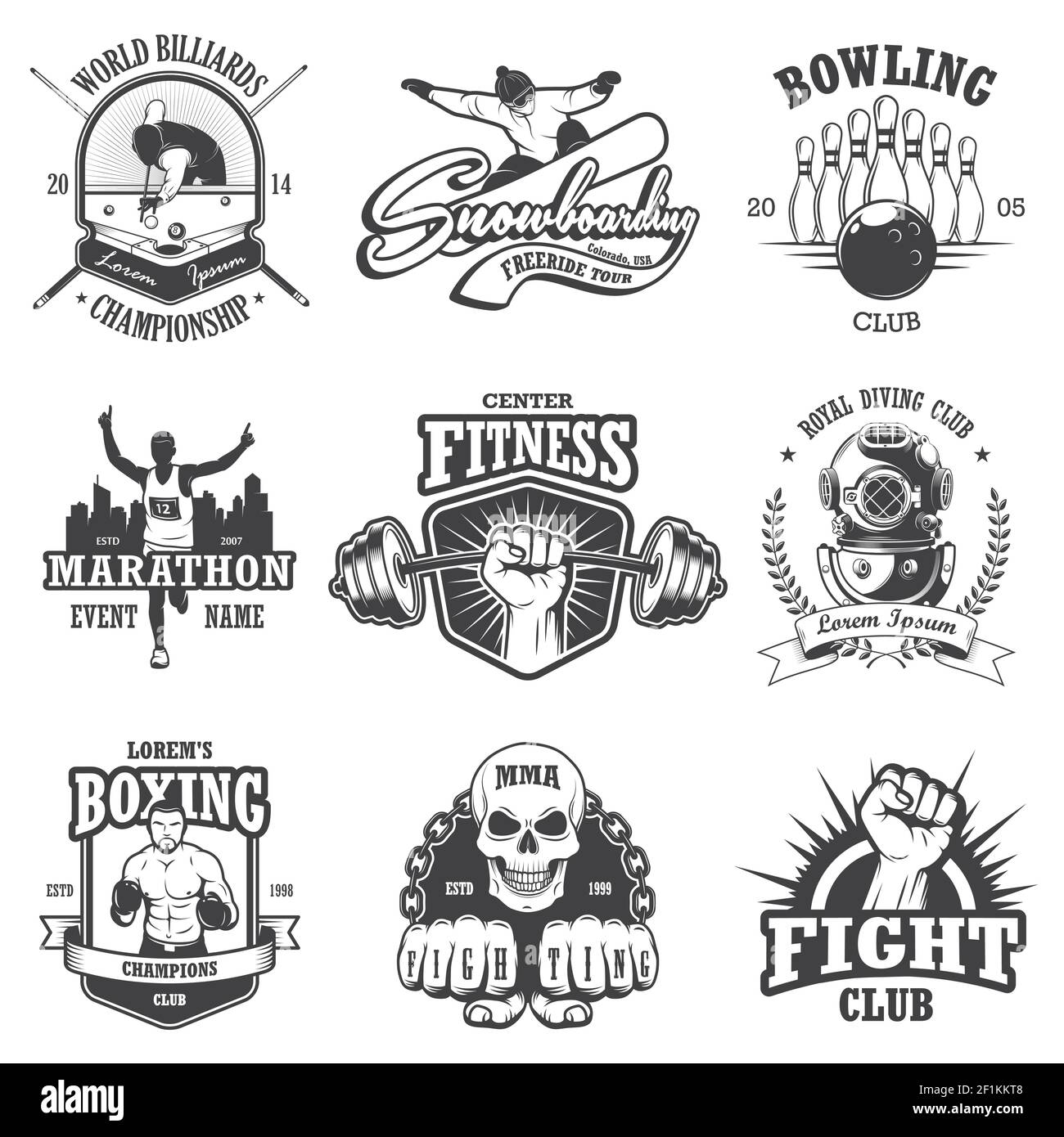 Set of vintage sports emblems, labels, badges and logos. Monochrome ...