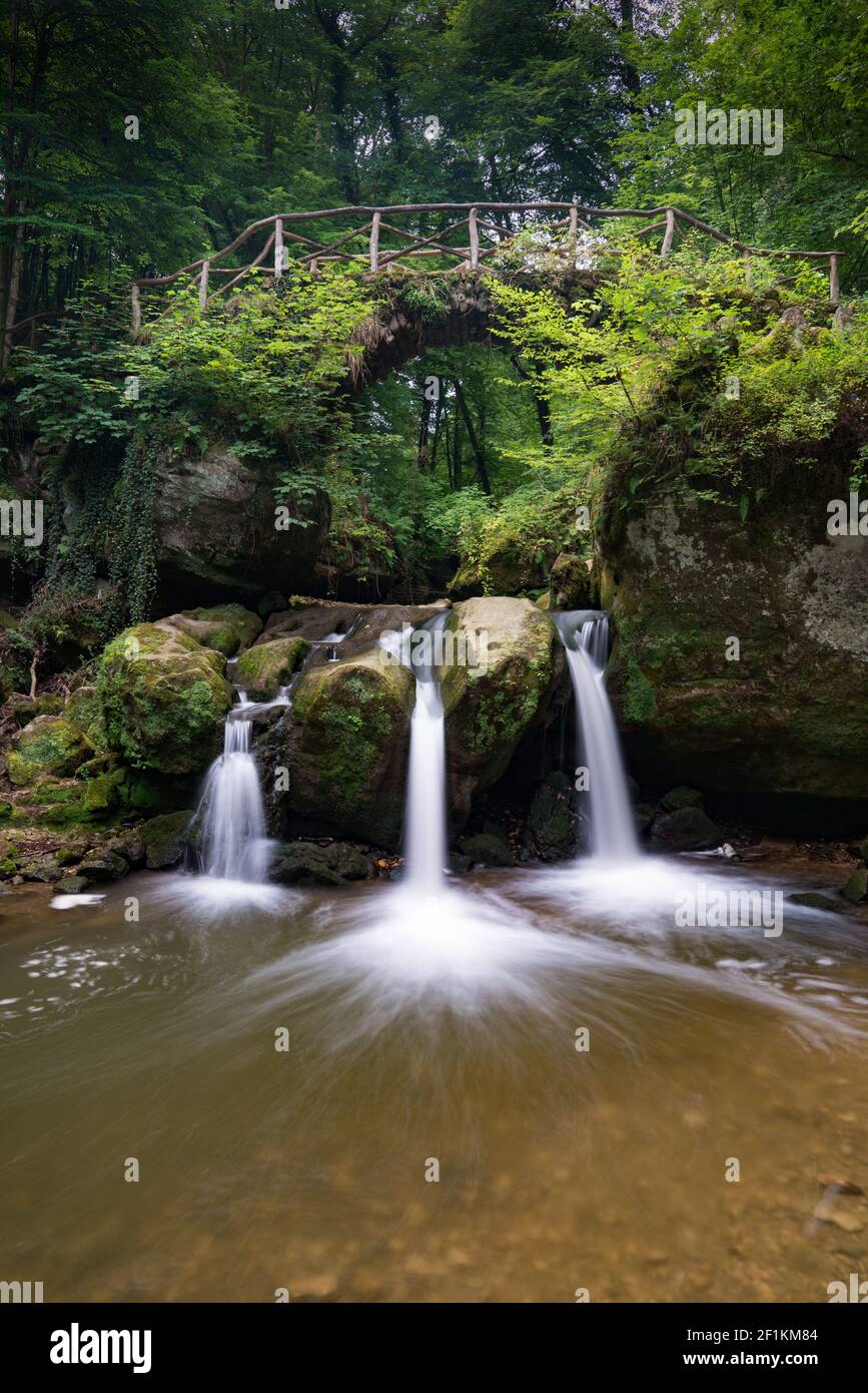 Idyllic small waterfall in lush green forest landscape with an old ...