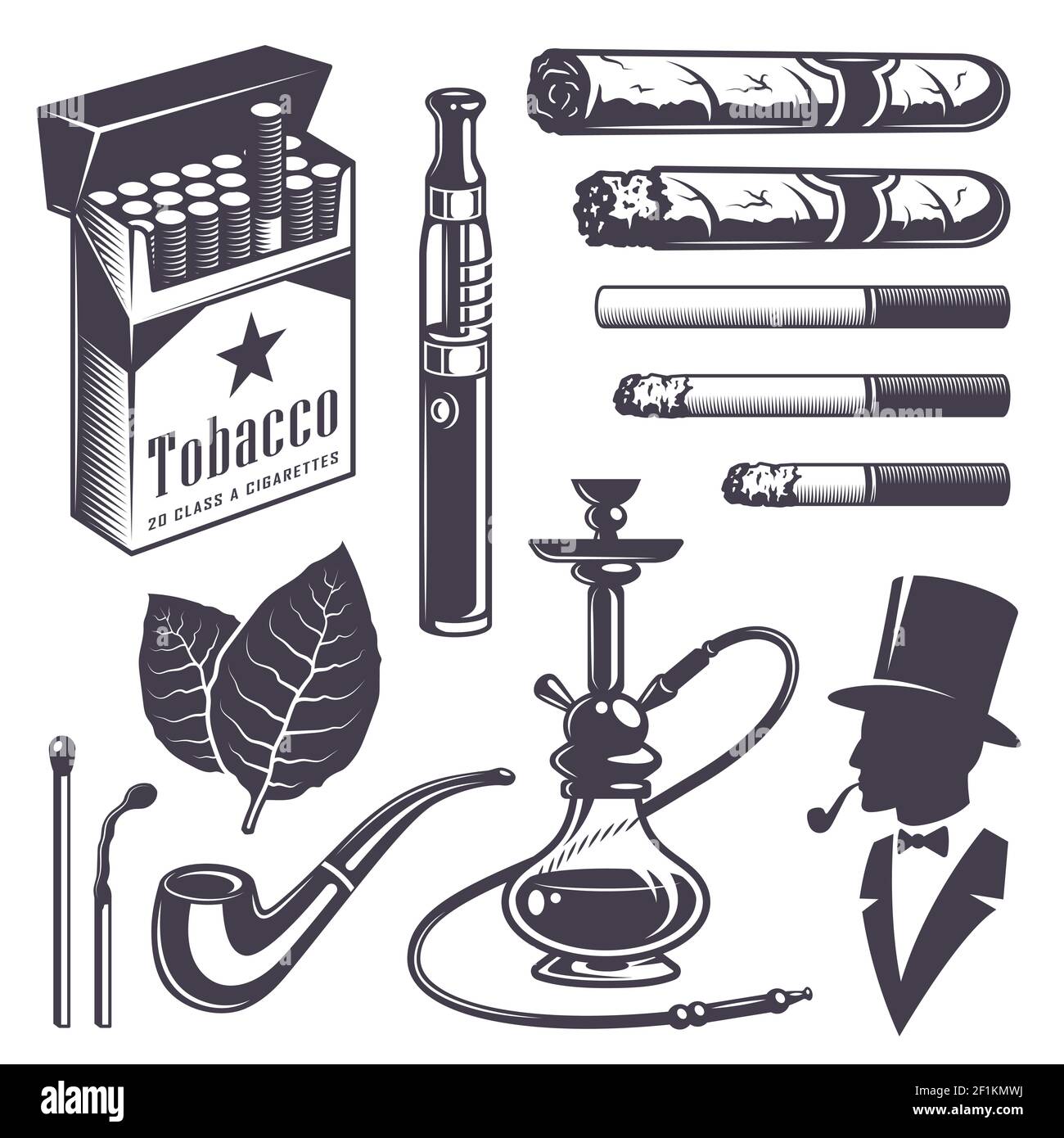 Set of vintage smoking tobacco elements. Monochrome style. Isolated on ...