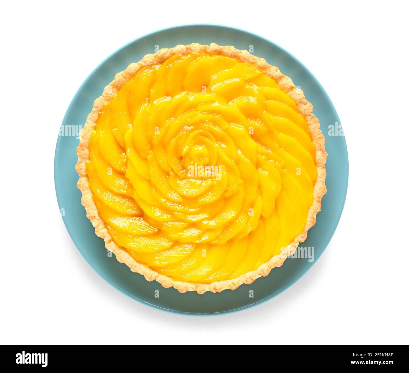 Plate with tasty mango pie on white background Stock Photo - Alamy