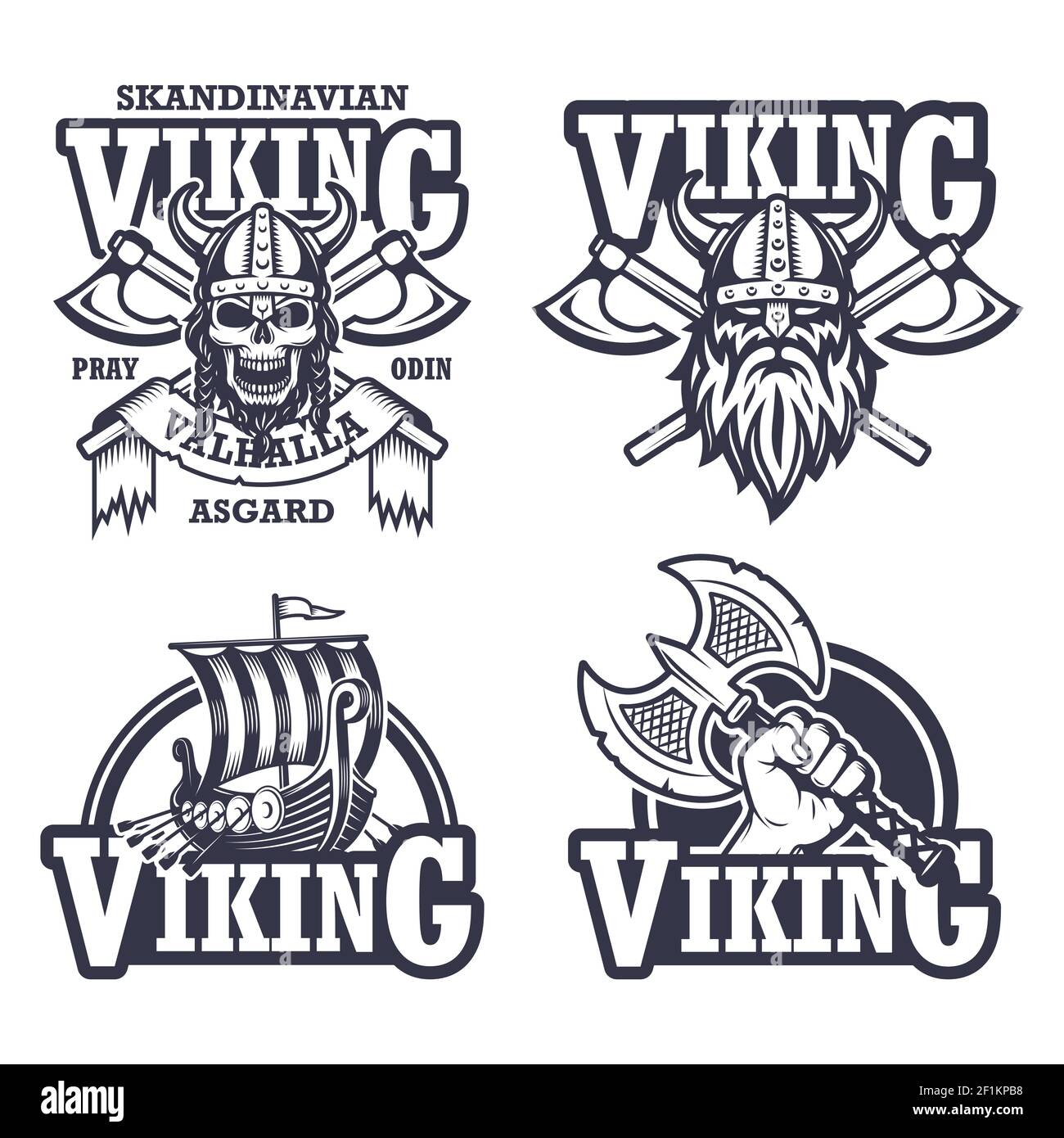 Set of viking emblems, labels and logos. Monochrome style Stock Vector ...