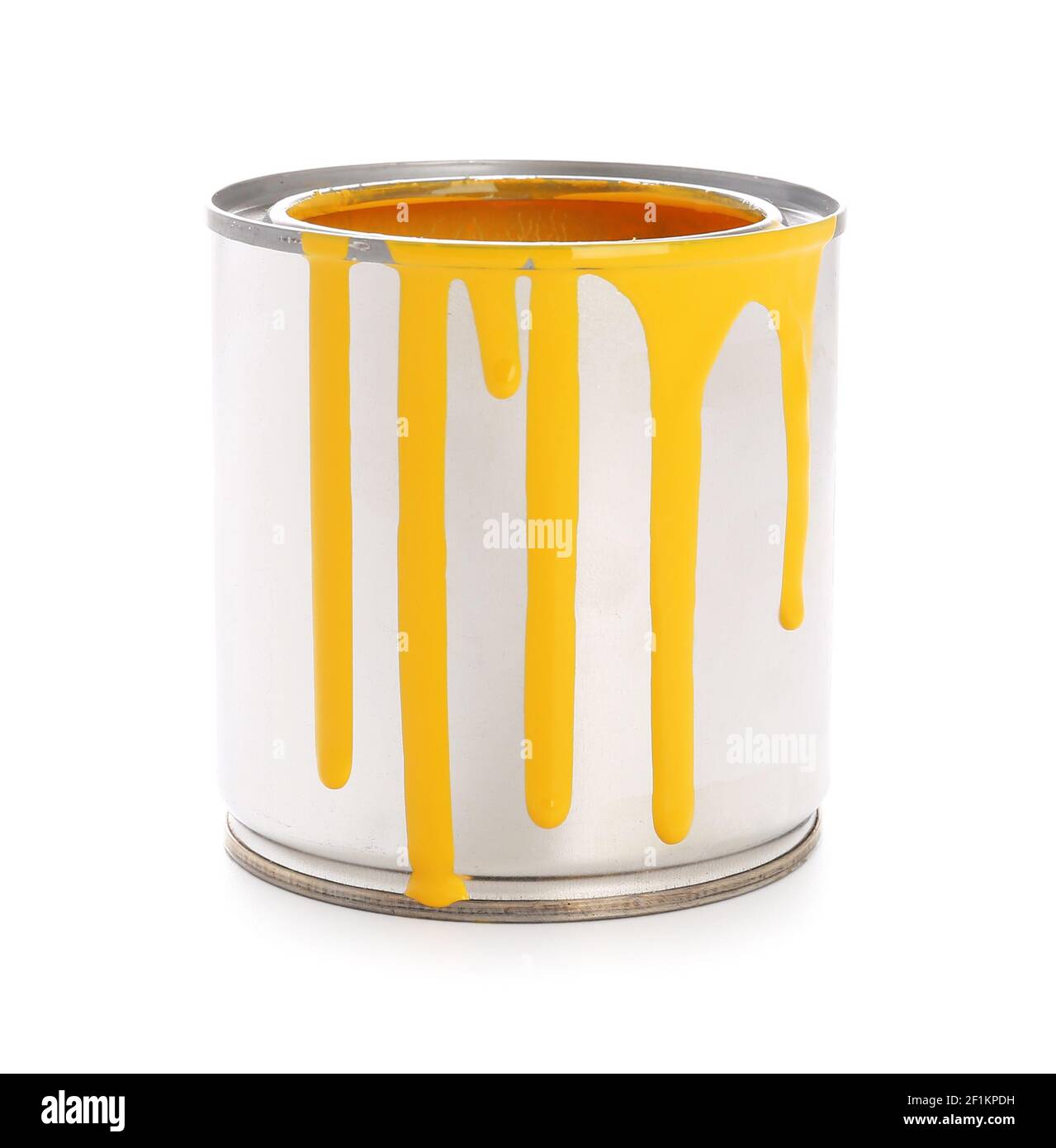 Can of yellow paint on white background Stock Photo - Alamy