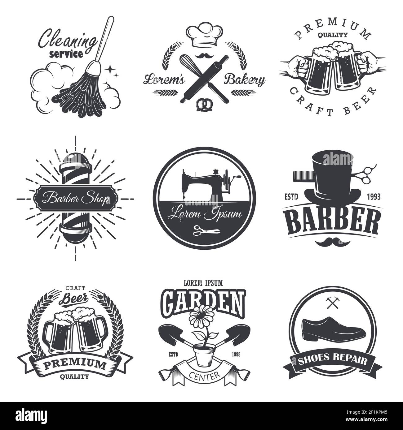 set of vintage workshop emblems, labels, badges, and logos, Monochrome ...