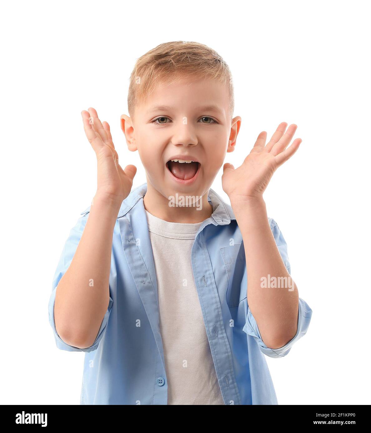 Emotional little boy on white background Stock Photo - Alamy