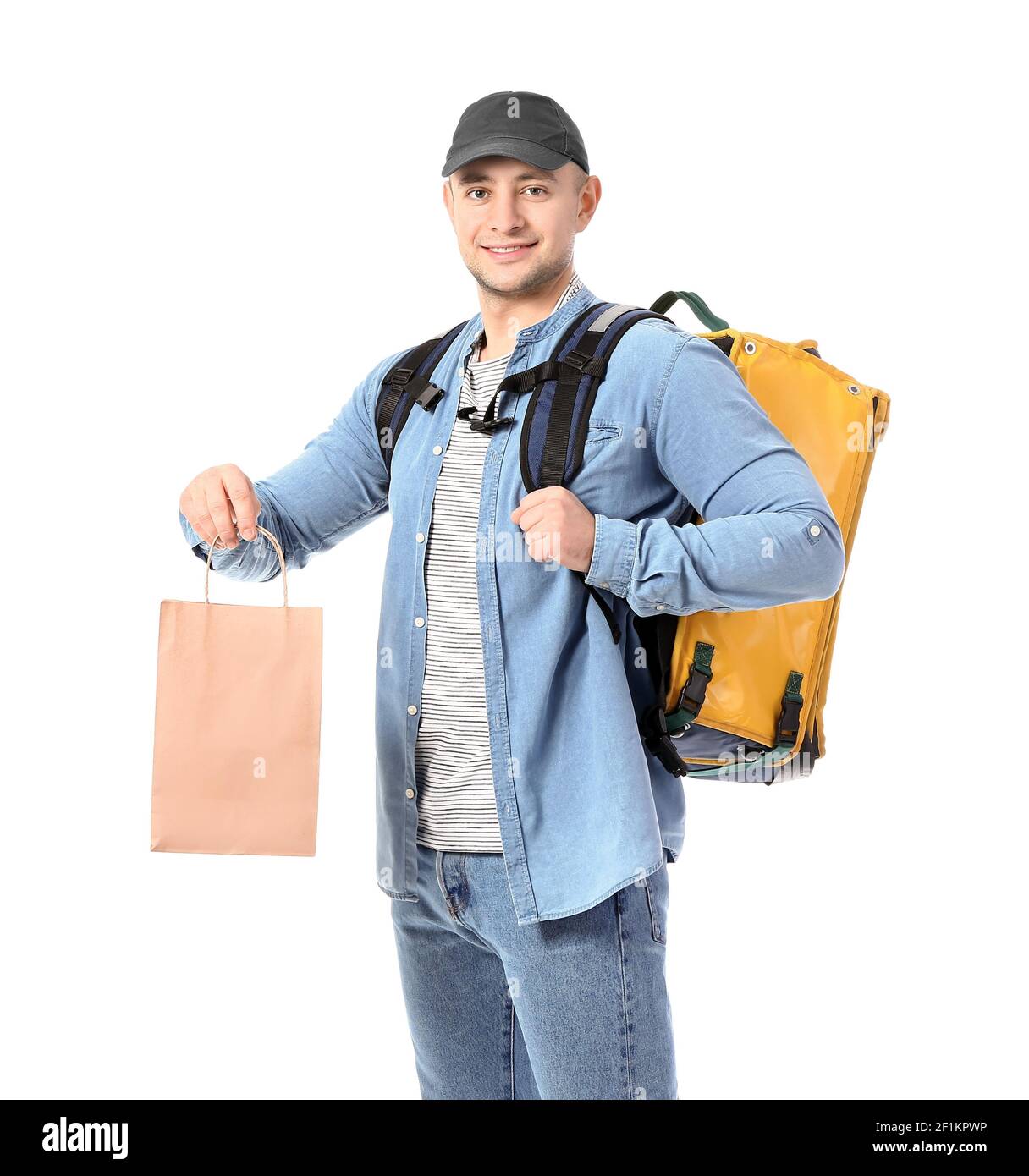 Courier of food delivery service on white background Stock Photo - Alamy