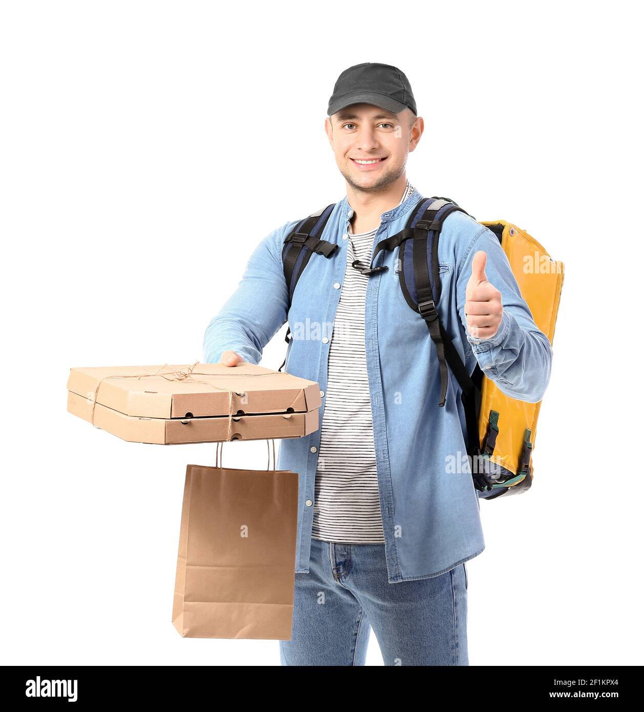 Courier of food delivery service showing thumb-up on white background ...