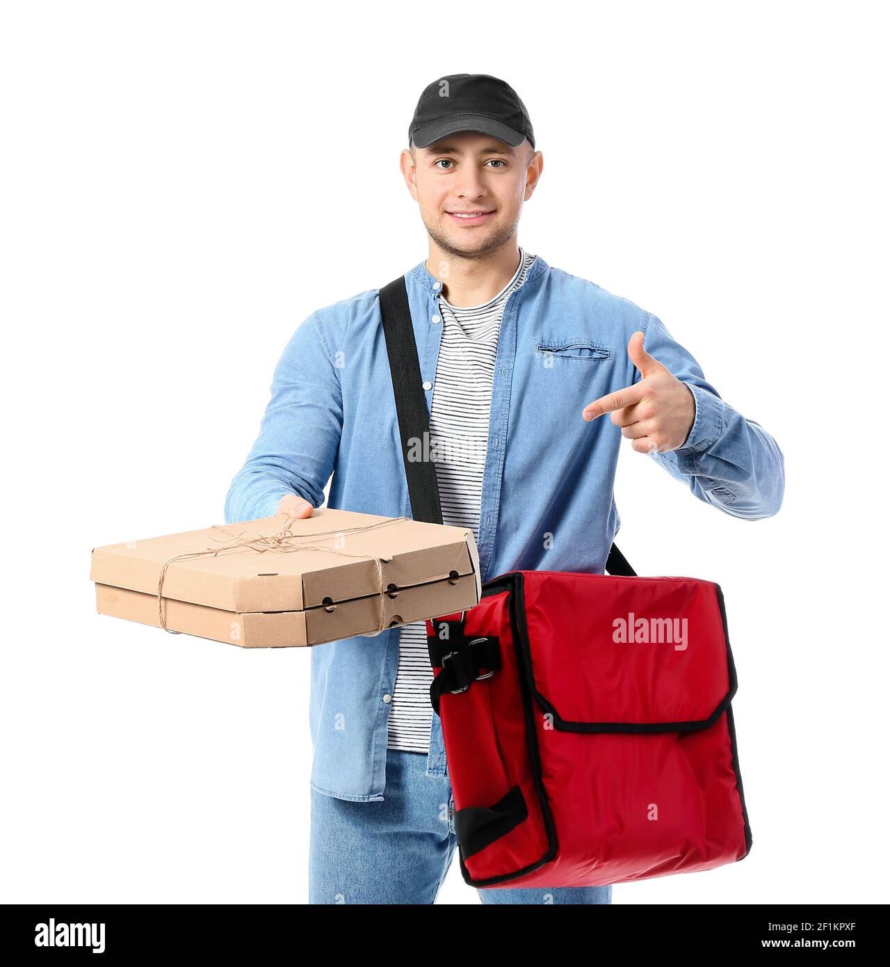 Courier of food delivery service on white background Stock Photo - Alamy
