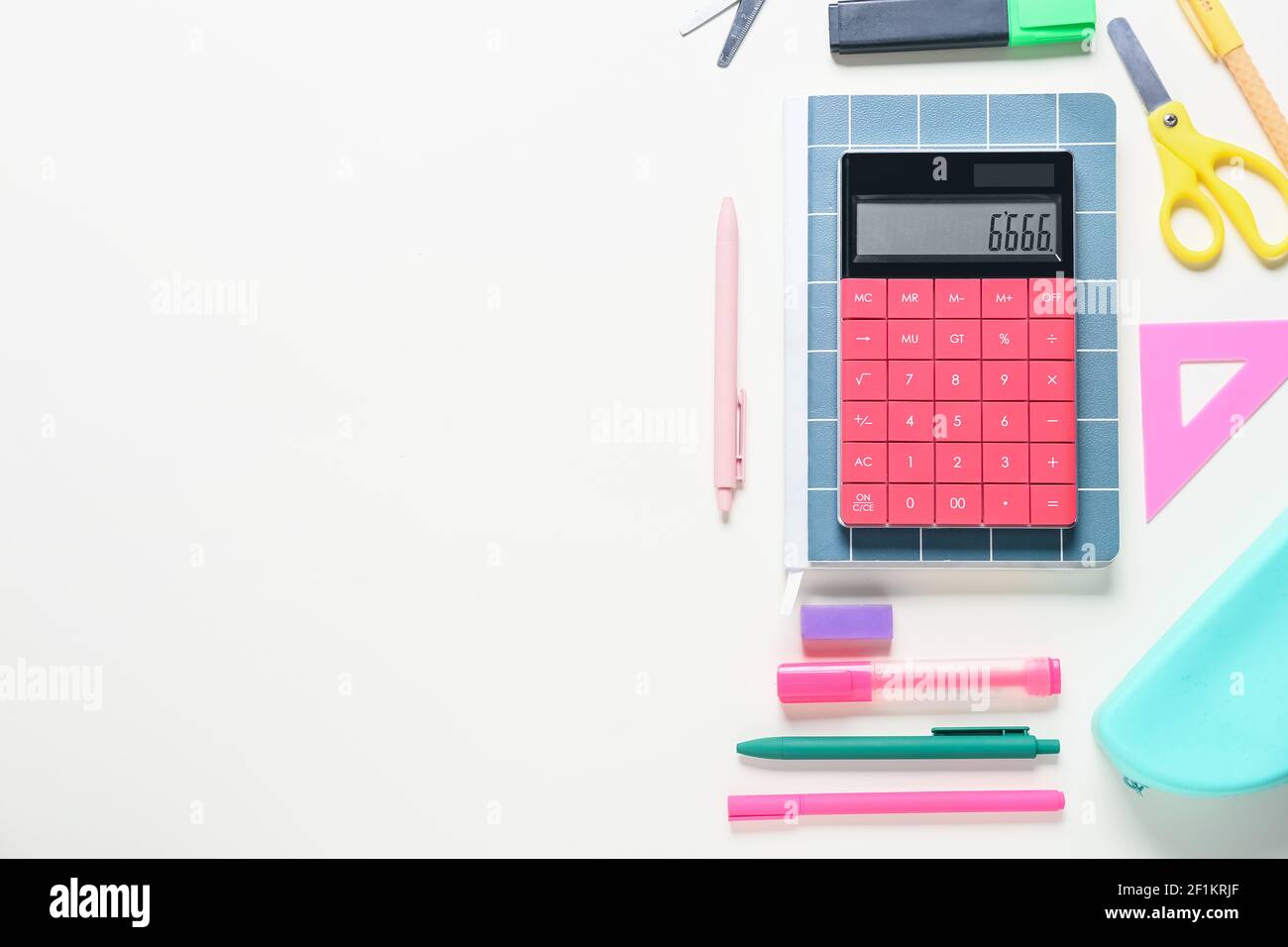 Modern calculator and stationery on white background Stock Photo - Alamy